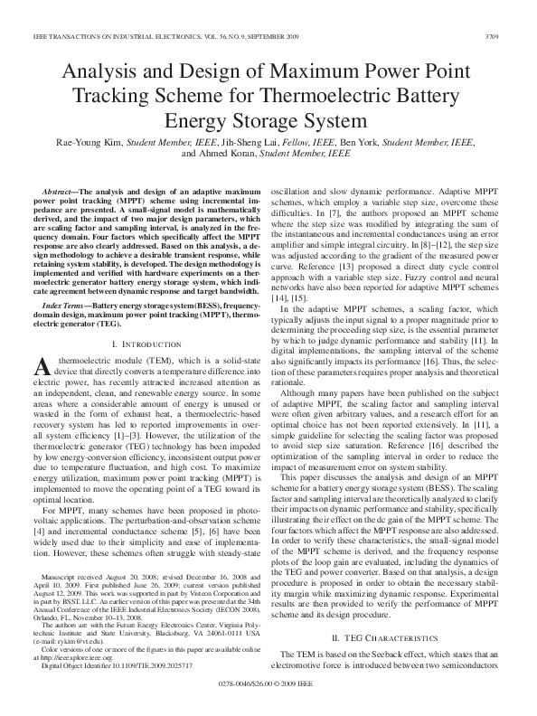 (PDF) Analysis and Design of Maximum Power Point Tracking Scheme for Thermoelectric Battery ...
