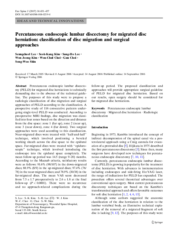 (PDF) Percutaneous endoscopic lumbar discectomy for migrated disc ...