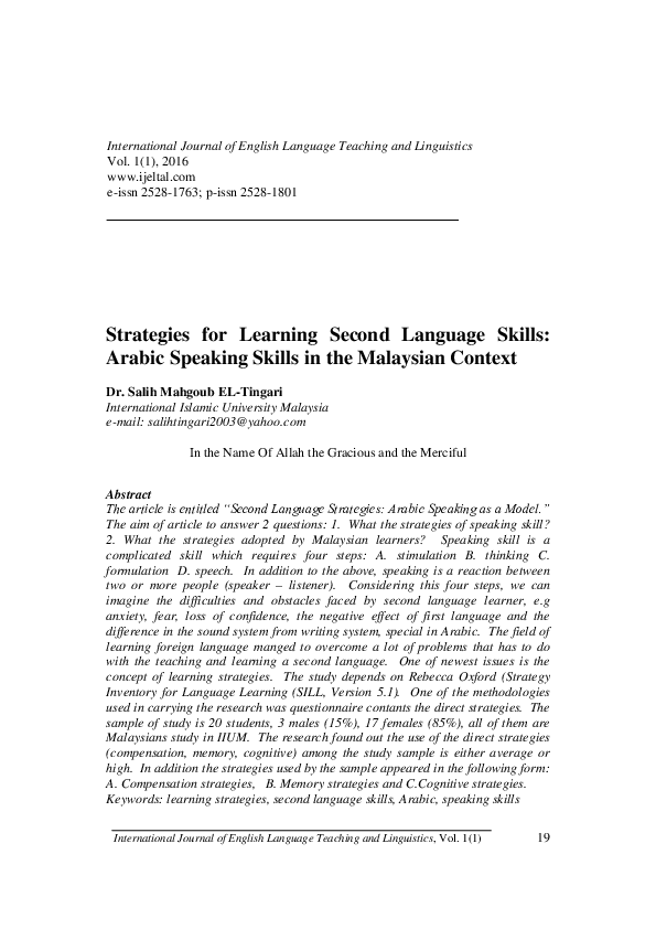(PDF) Strategies for learning second language skills : Arabic speaking skills in the Malaysian ...