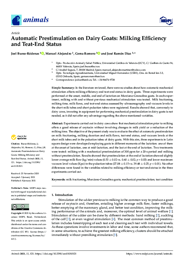 (PDF) Automatic Prestimulation on Dairy Goats: Milking Efficiency and Teat-End Status