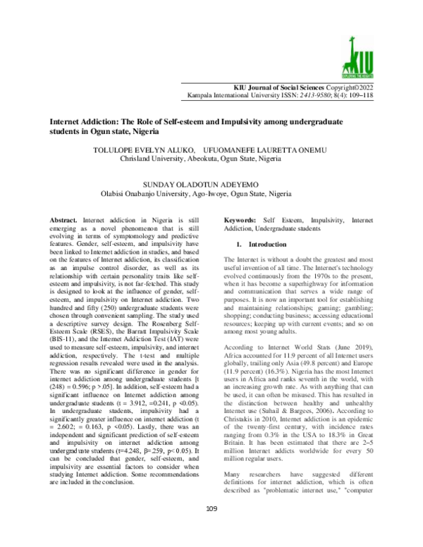 (PDF) Internet Addiction: The Role of Self-esteem and Impulsivity among undergraduate students ...