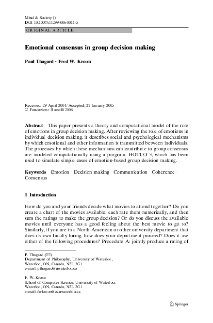 (PDF) Emotional consensus in group decision making