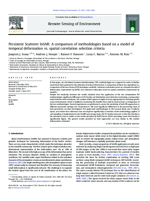 (PDF) Persistent Scatterer InSAR: A comparison of methodologies based on a model of temporal ...