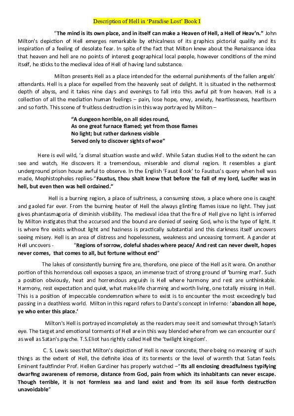 (DOC) Description of Hell in Paradise Lost