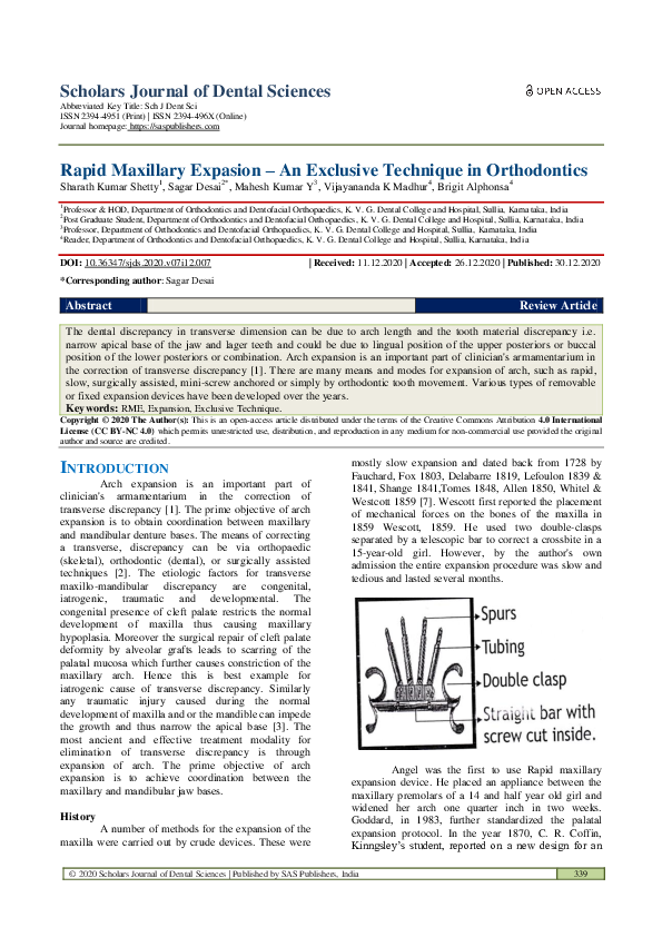 (PDF) Rapid Maxillary Expasion – An Exclusive Technique in Orthodontics