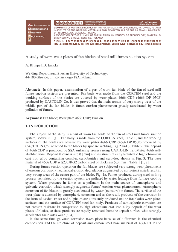 (PDF) Wear Analysis of Steel Mill Fan Blades and Erosion Factors