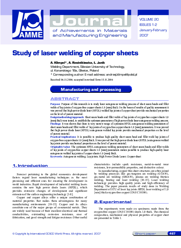 (PDF) Study of laser welding of copper sheets
