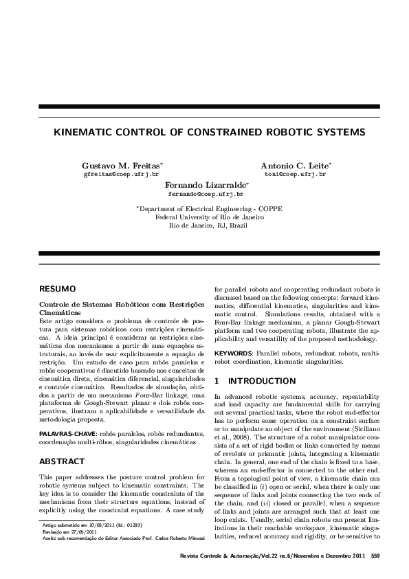(PDF) Kinematic control of constrained robotic systems