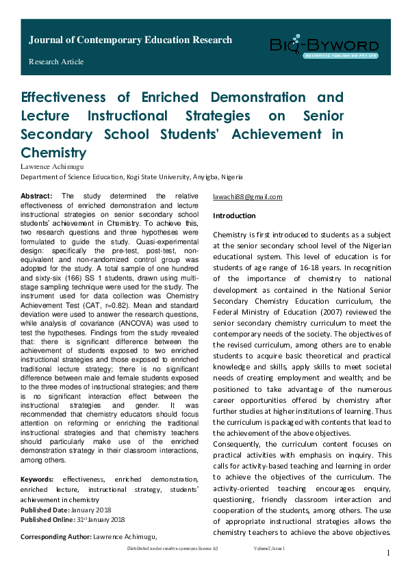 (PDF) Effectiveness of Enriched Demonstration and Lecture Instructional Strategies on Senior ...