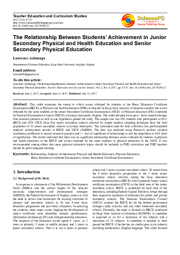 (PDF) The Relationship Between Students’ Achievement in Junior ...