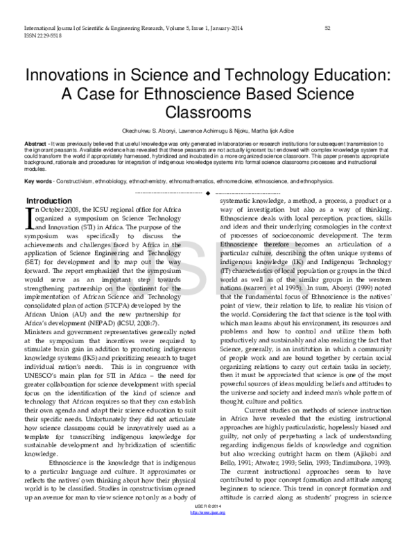 (PDF) A Case for Ethnoscience Based Science Classrooms