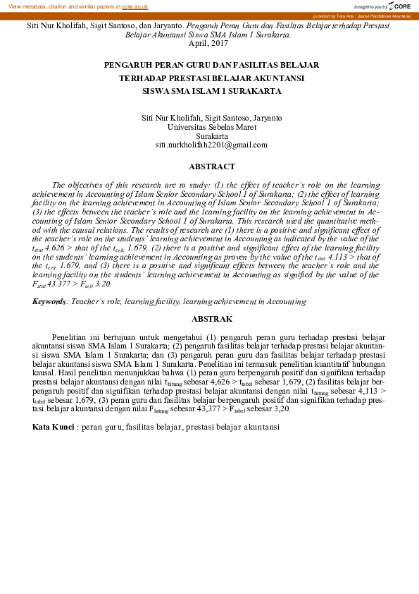 (PDF) Pengaruh Peran Guru Dan Fasilitas Belajar Terhadap Prestasi Belajar Akuntansi Siswa Sma ...