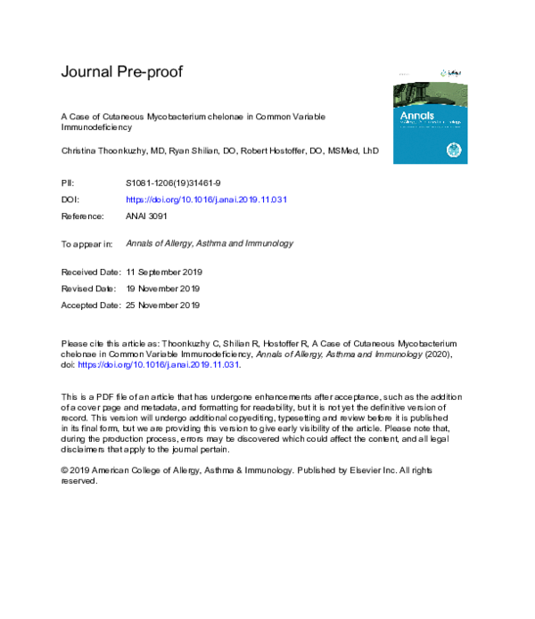 Pdf A Case Of Cutaneous Mycobacterium Chelonae In Common Variable Immunodeficiency Robert