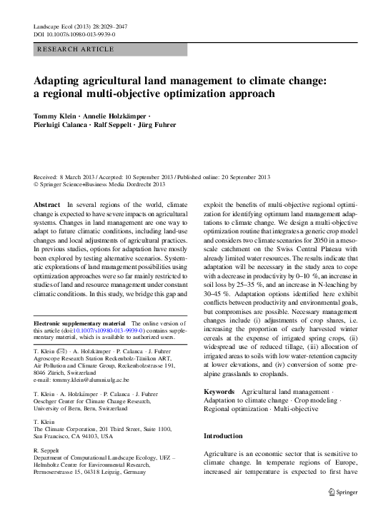 (PDF) Adapting agricultural land management to climate change: a regional multi-objective ...