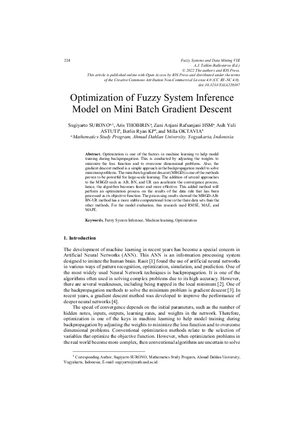 Pdf Optimization Of Fuzzy System Inference Model On Mini Batch