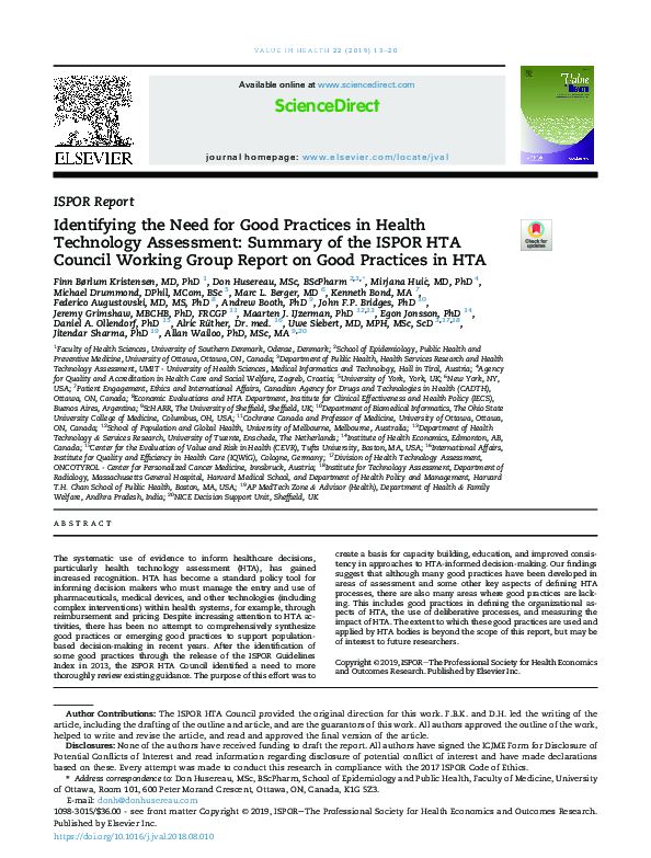 (PDF) Identifying the Need for Good Practices in Health Technology Assessment: Summary of the ...