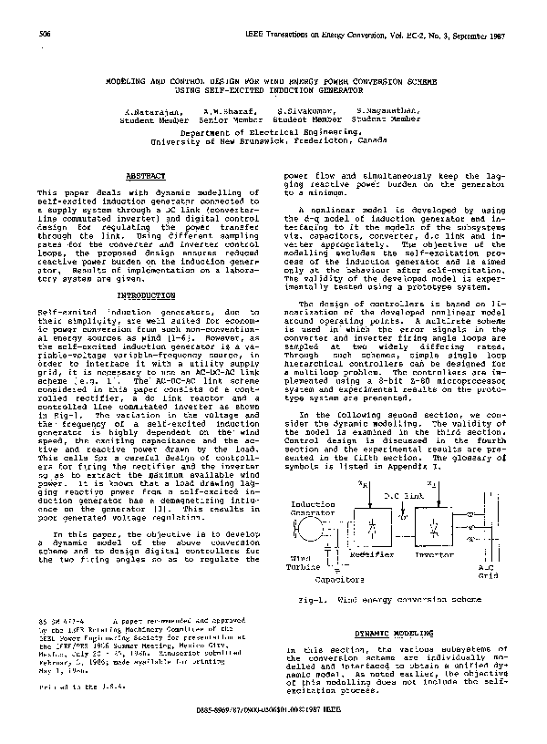 Pdf Modeling And Control Design For Wind Energy Power Conversion Scheme Using Self Excited