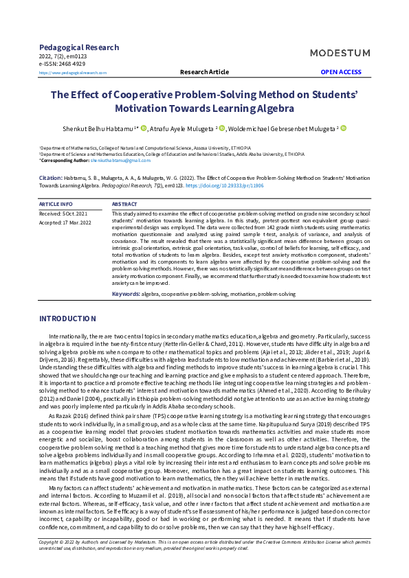 (PDF) The Effect of Cooperative Problem-Solving Method on Students’ Motivation Towards Learning ...