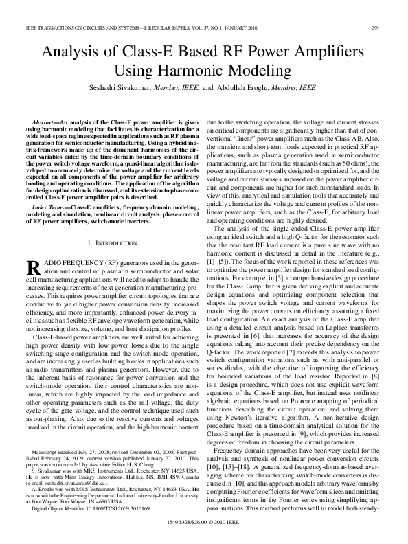 (PDF) Analysis of Class-E Based RF Power Amplifiers Using Harmonic Modeling