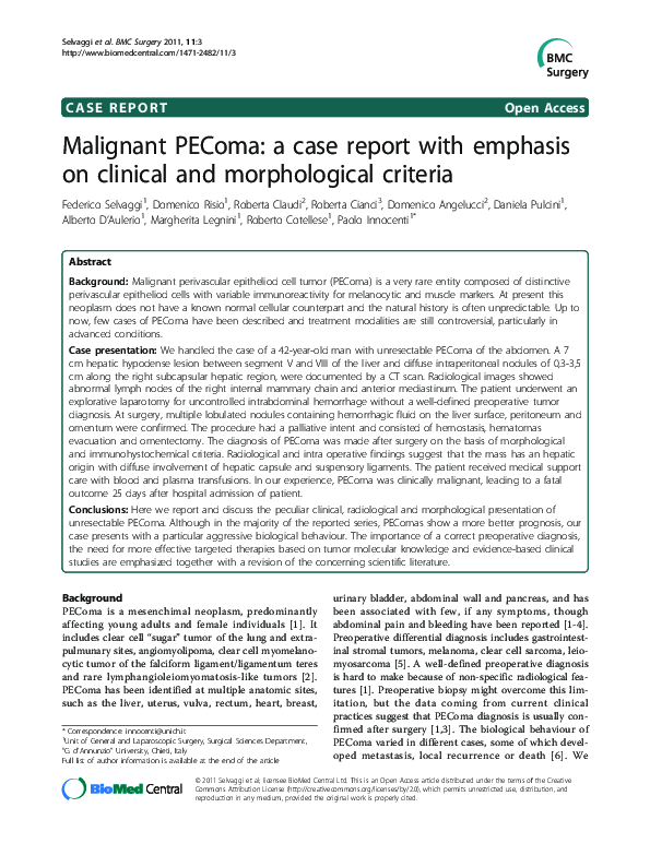 (PDF) Malignant PEComa: a case report with emphasis on clinical and ...