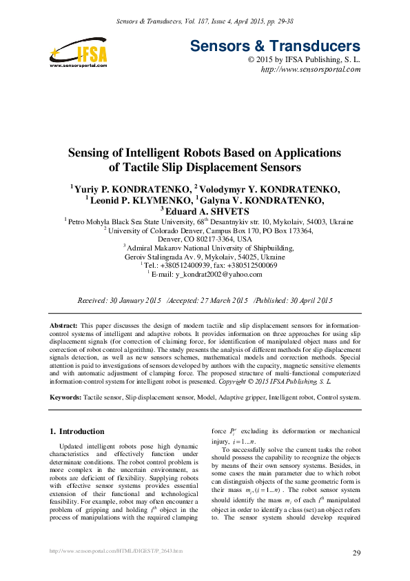 (PDF) Sensing of Intelligent Robots Based on Applications of Tactile Slip Displacement Sensors
