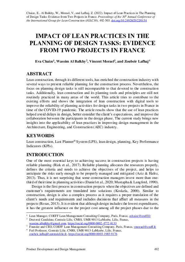 (PDF) Impact of Lean Practices in the Planning of Design Tasks: Evidence From Two Projects in France