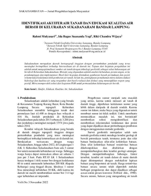 (PDF) Identifikasi Akuifer Air Tanah Dan Edukasi Kualitas Air Bersih DI Kelurahan Sukadanaham ...
