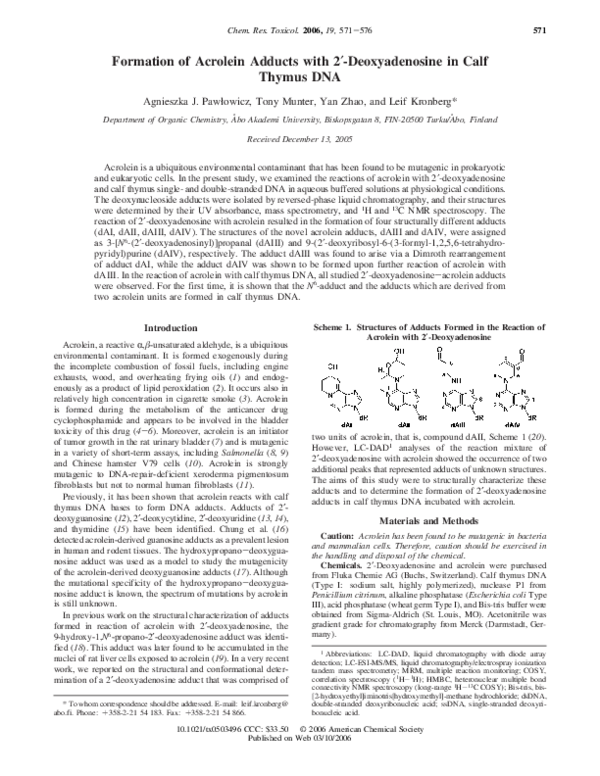 (PDF) Formation of Acrolein Adducts with 2‘-Deoxyadenosine in Calf ...