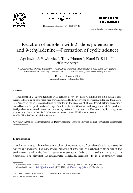 (PDF) Reaction of acrolein with 2′-deoxyadenosine and 9-ethyladenine ...