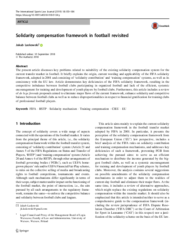 (PDF) Solidarity compensation framework in football revisited