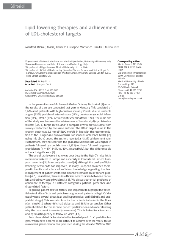(PDF) Editorial Lipid-lowering therapies and achievement of LDL ...