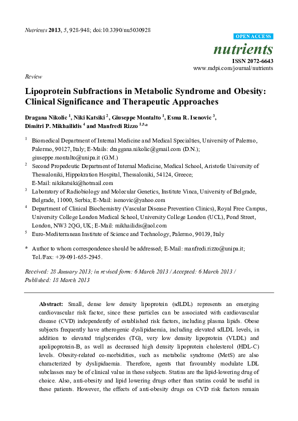 (PDF) Lipoprotein subfractions in metabolic syndrome and obesity ...