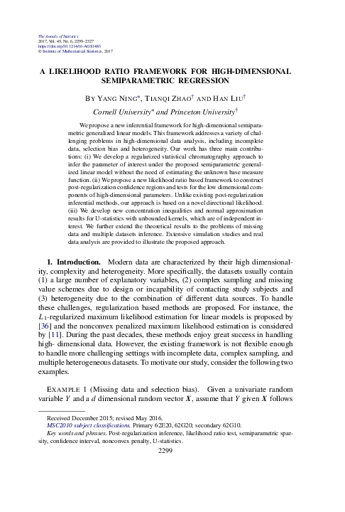 (PDF) A likelihood ratio framework for high-dimensional semiparametric regression