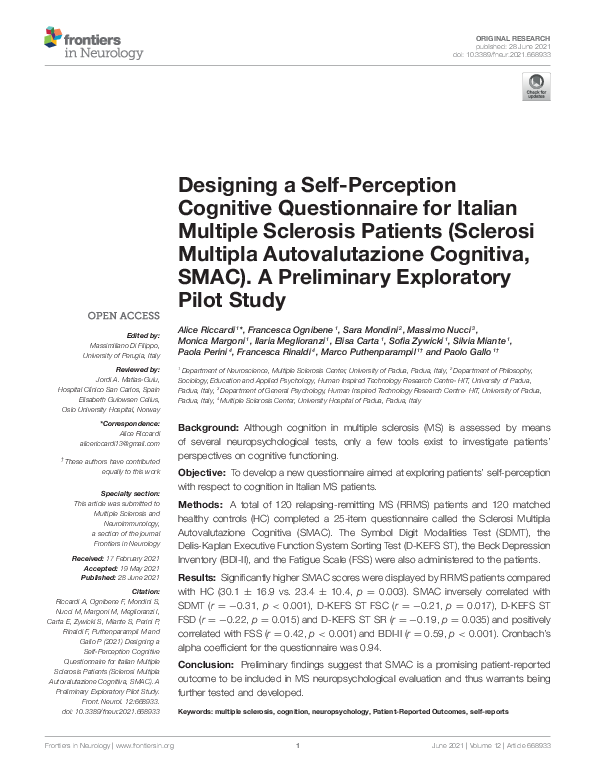 (PDF) Designing a Self-Perception Cognitive Questionnaire for Italian Multiple Sclerosis ...