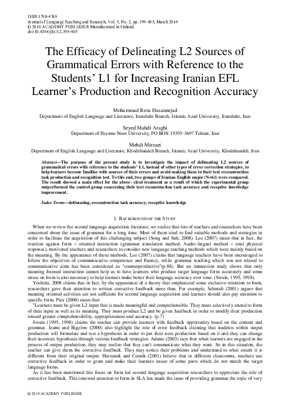 (PDF) The Efficacy of Delineating L2 Sources of Grammatical Errors with Reference to the ...
