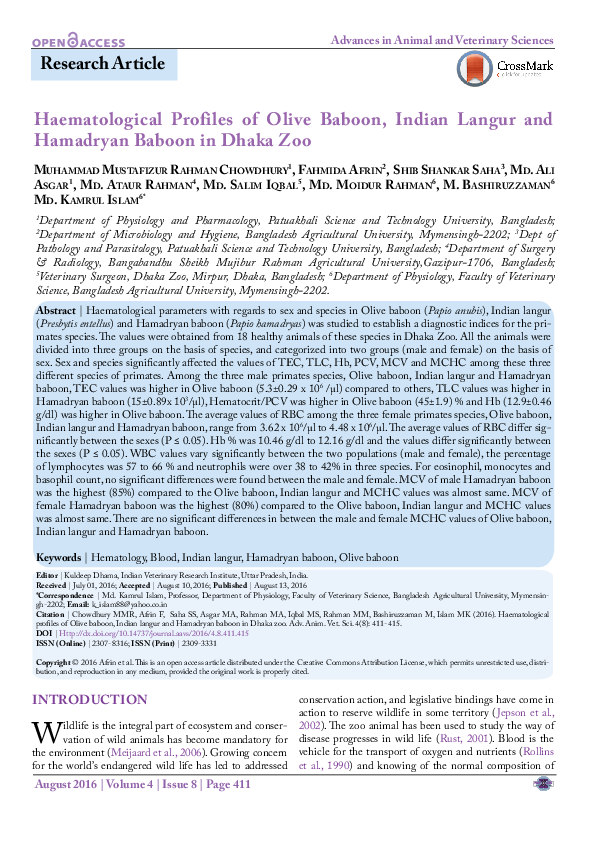 (PDF) Haematological Profiles of Olive Baboon, Indian Langur and ...