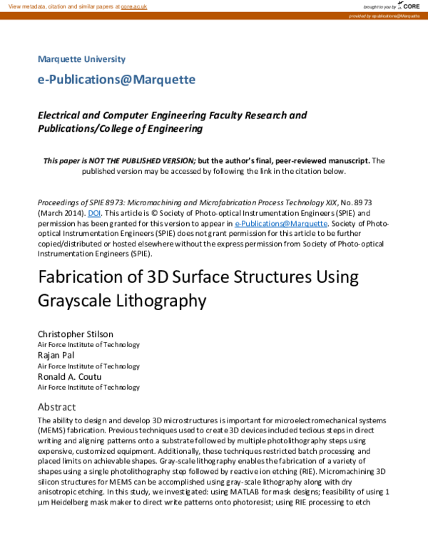(PDF) Fabrication of 3D surface structures using grayscale lithography