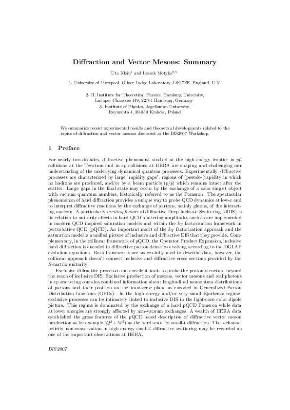 (PDF) Diffraction and Vector Mesons: Summary