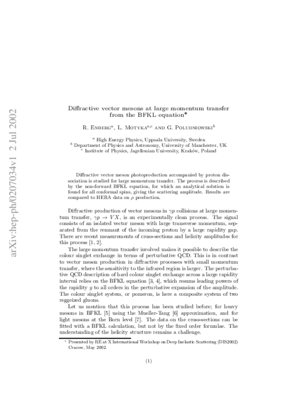 (PDF) Diffractive Vector Mesons at Large Momentum Transfer from the BFKL Equation