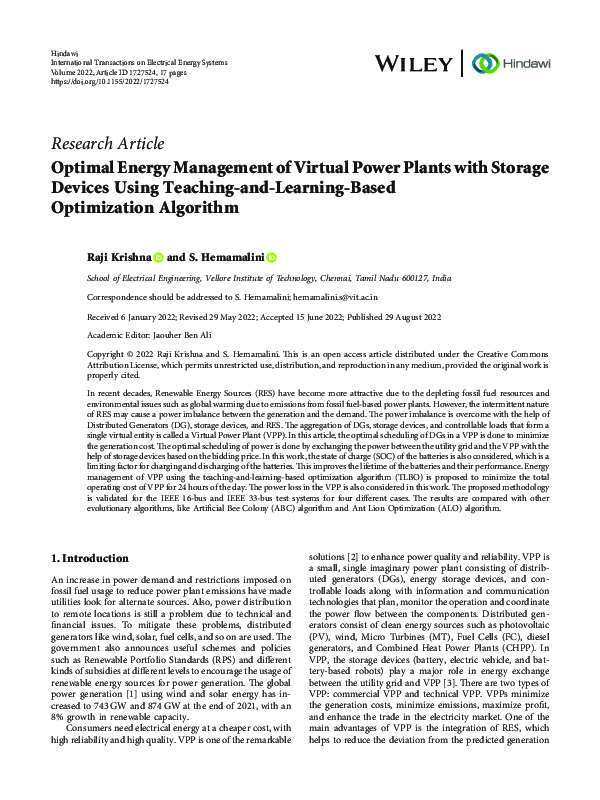(PDF) Optimal Energy Management of Virtual Power Plants with Storage ...