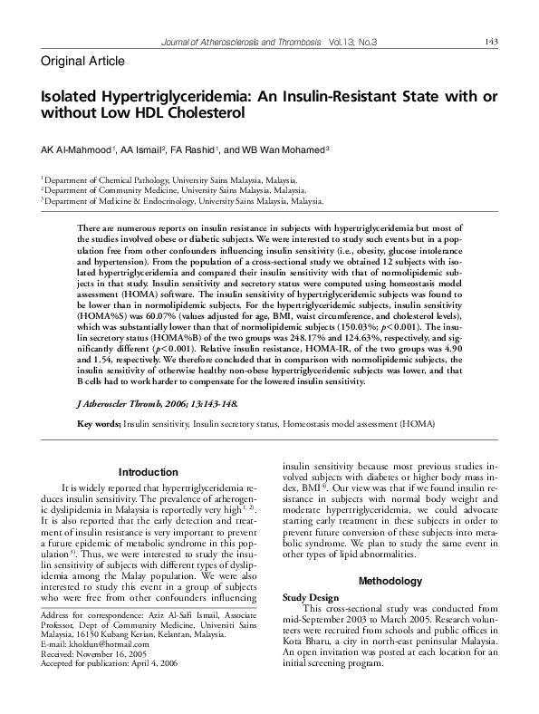 (PDF) Isolated Hypertriglyceridemia: An Insulin-Resistant State with or ...