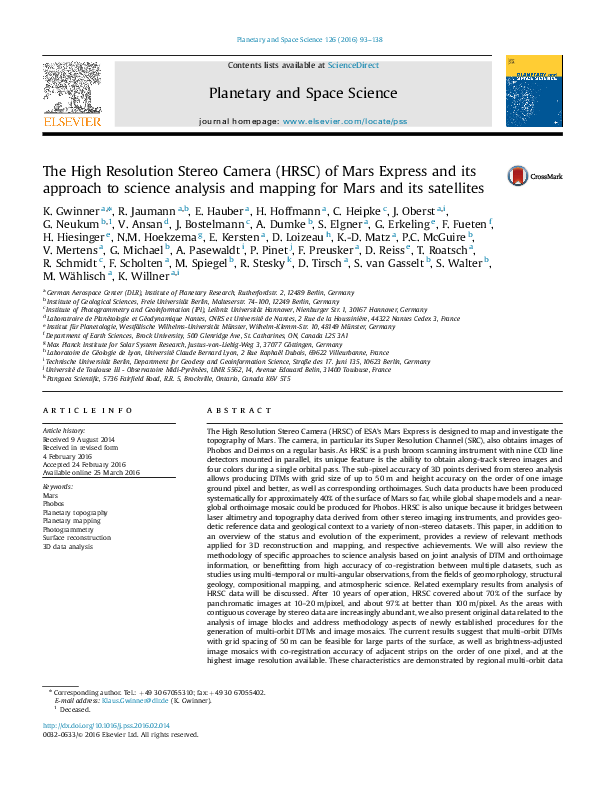 (PDF) The High Resolution Stereo Camera (HRSC) of Mars Express and its ...