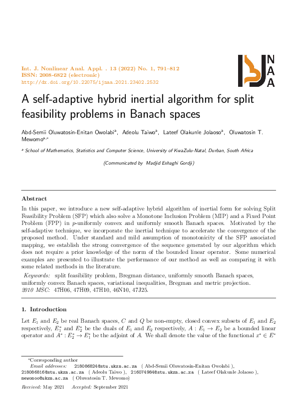 (PDF) A self-adaptive hybrid inertial algorithm for split feasibility problems in Banach spaces ...