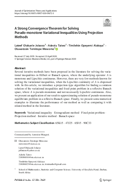(PDF) A Strong Convergence Theorem for Solving Pseudo-monotone Variational Inequalities Using ...