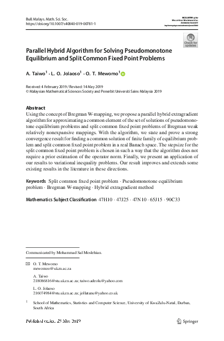 (PDF) Parallel Hybrid Algorithm for Solving Pseudomonotone Equilibrium and Split Common Fixed ...