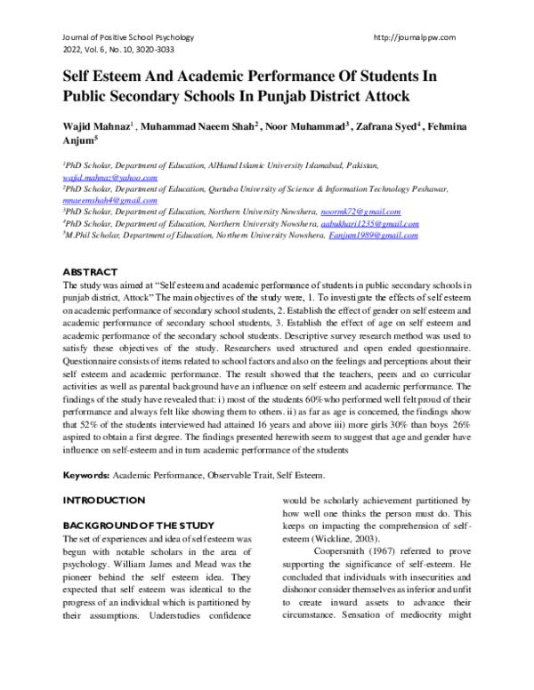 (PDF) Self Esteem And Academic Performance Of Students In Public Secondary Schools In Punjab ...