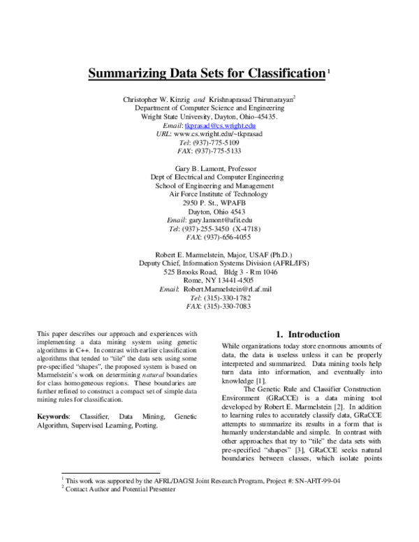 Pdf Summarizing Data Sets For Classification