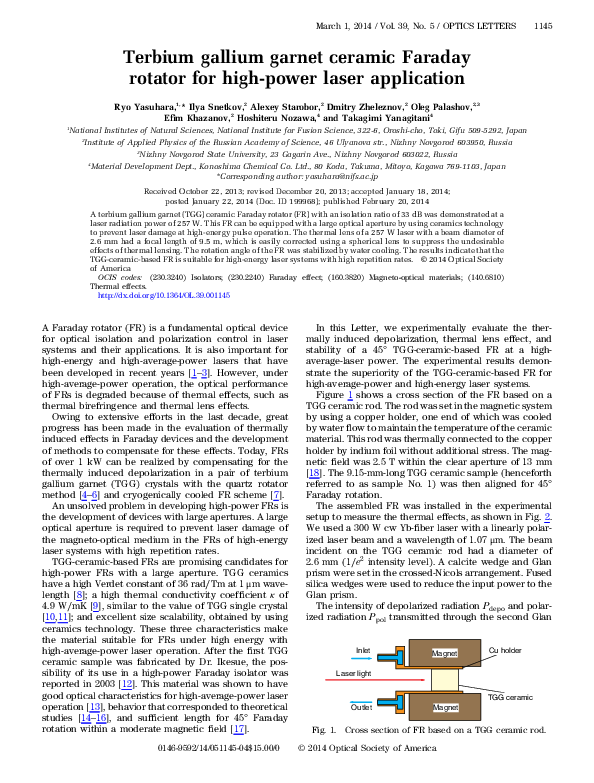 (PDF) Terbium gallium garnet ceramic Faraday rotator for high-power ...