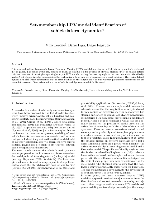 (PDF) Set-membership LPV model identification of vehicle lateral dynamics