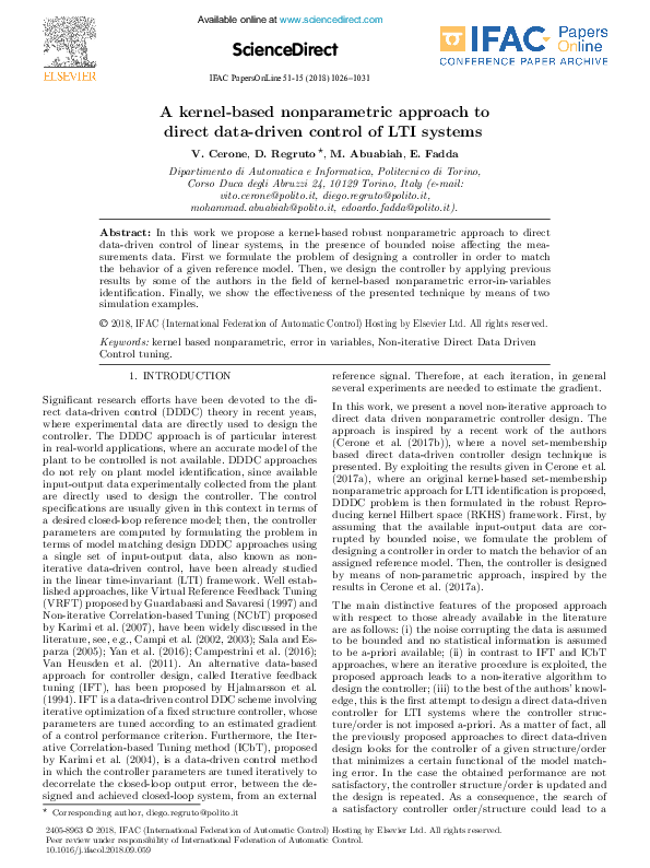 (PDF) A kernel-based nonparametric approach to direct data-driven control of LTI systems